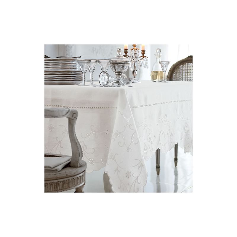 Embroidered Pure Linen White Tablecloth